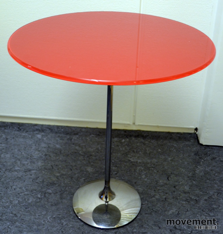 Solgt!Lite rundt bord i rødt glass,Ø=62cm, H=67,5cm, pent brukt