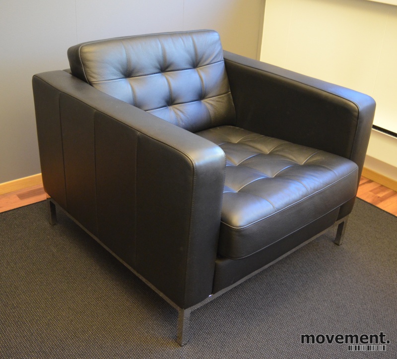 Solgt!Skinnsofa/lenestol, 1seter,Karlstad fra Ikea, sort skinn, 90cm ...