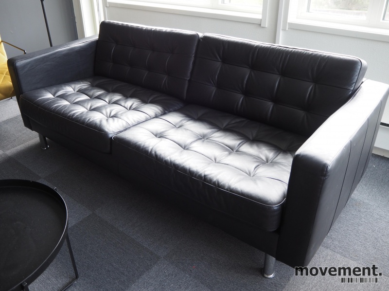 Solgt!Skinnsofa, 3seter, Landskrona fraIKEA, sort skinn, 204cm bredde ...