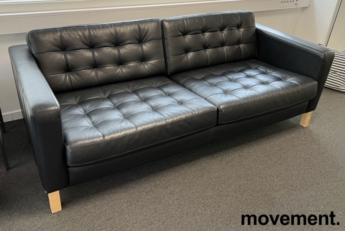 Solgt!Skinnsofa, 3seter, Landskrona fraIKEA, sort skinn, 204cm bredde ...